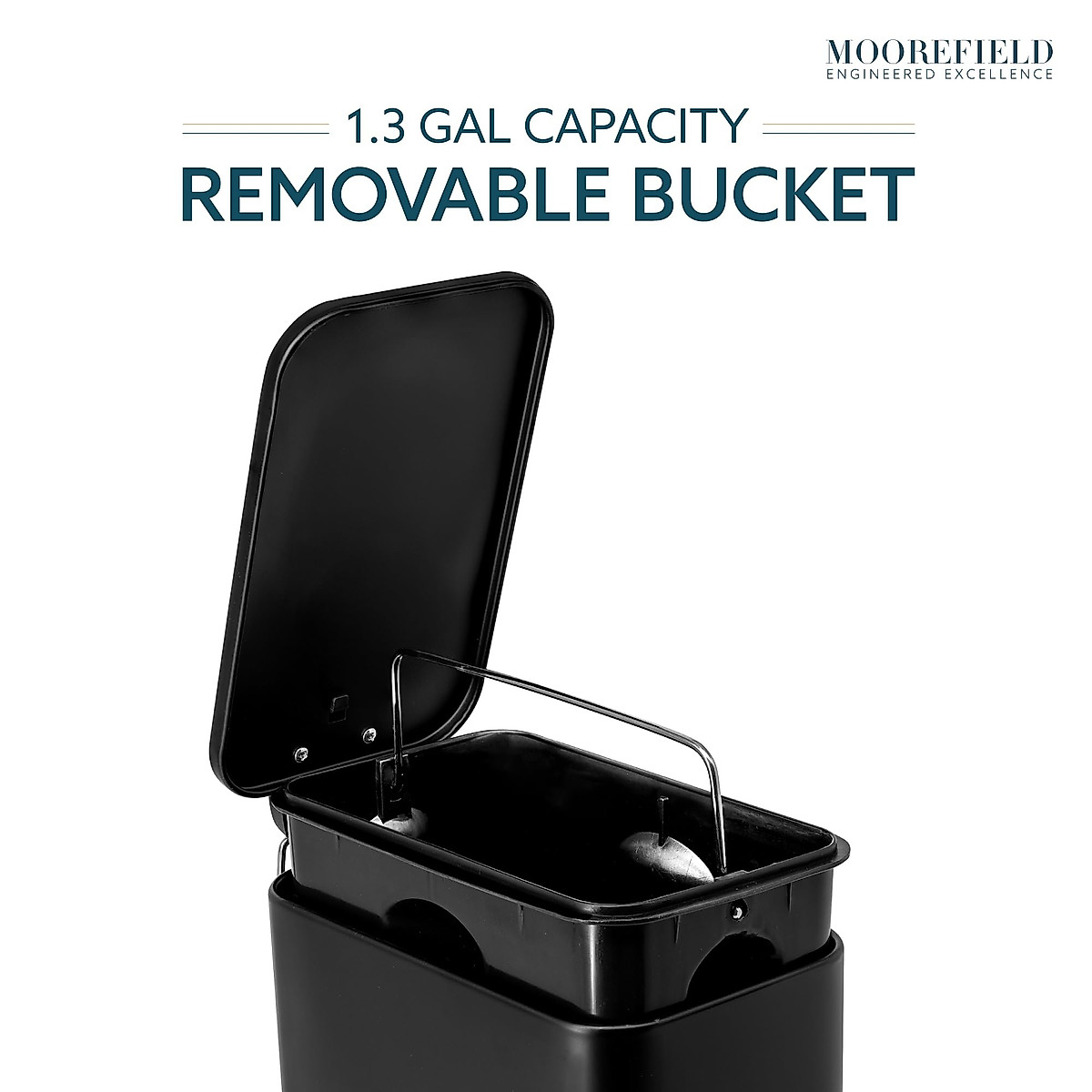 Moorefield Slim Rectangular Wastebin, 1.3 Gallon/5L Capacity Garbage Can with Soft Close Lid, Premium Stainless Steel Step Pedal Trash Can (Matte Black)