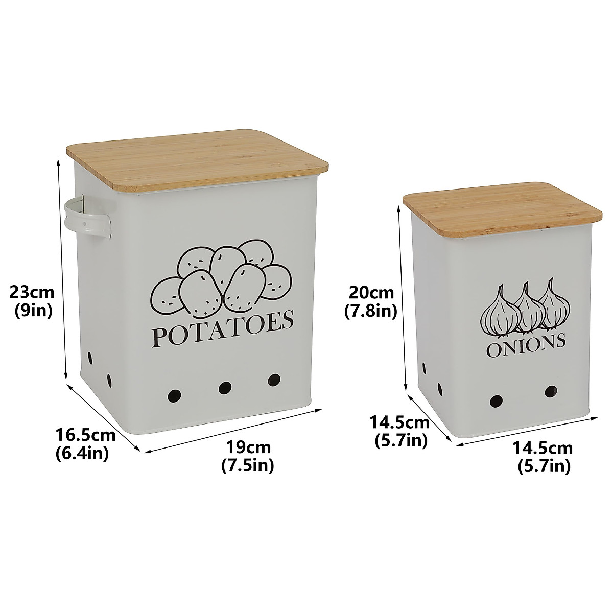 Kitchen Vegetable Storage Tins Set of 2 for Potatoes, Onion, with wooden lid Garlic Bin Caddy, Long Shelf Life-white