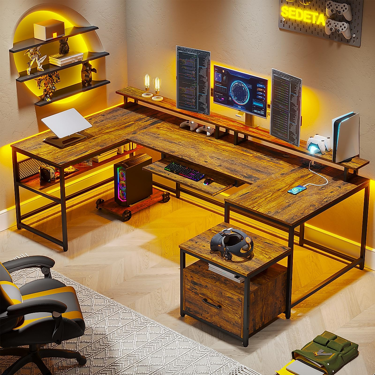 SEDETA U Shaped Desk, Reversible L Shaped Home Office Desk with File Drawer & Power Outlet, 101.5'' Computer Two Person Desk with Monitor Shelf, Keyboard Tray, Gaming Desk, Rustic Brown