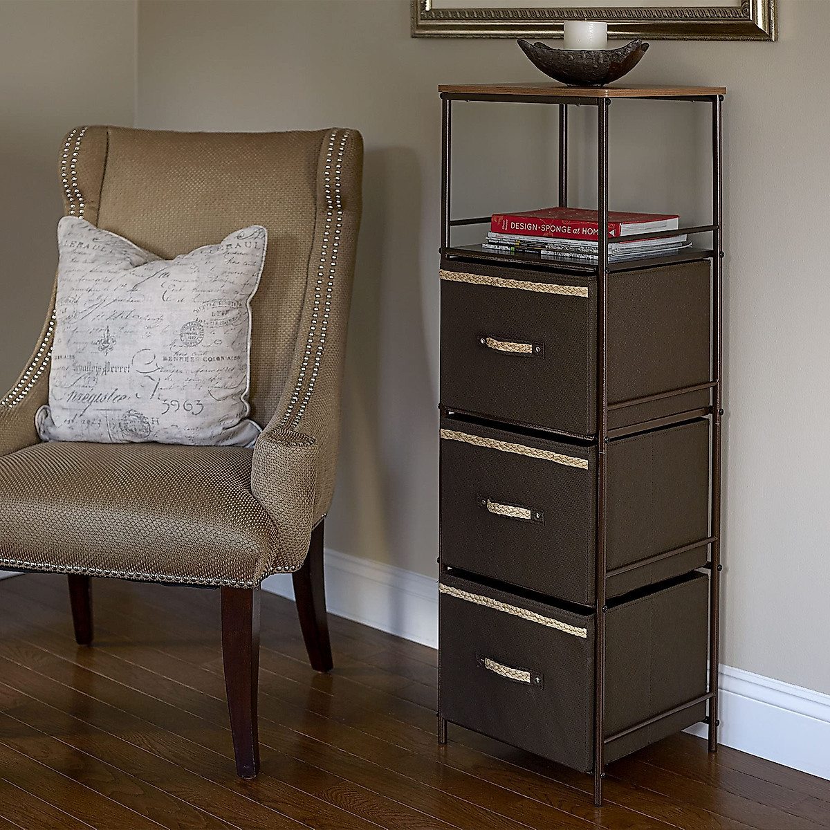 Household Essentials 2-Tier Storage Chest of Drawers Bronze Frame Wood Grain Top and 4 Brown Storage Bins with Natural Jute Trim