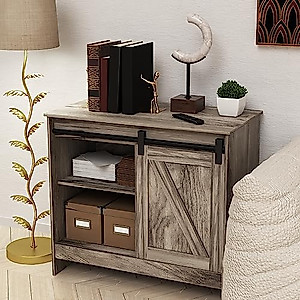 Landia Home Farmhouse Accent Cabinet, End Table, Modern Bed Side End Table with Barn Door and Shelf, Nightstand for Bedroom, Living Room, Grey