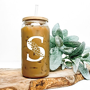 Personalized Gifts for Women, Monogrammed Glass Cups with Lids and Straws, Custom Tumbler, Cute Customized Mug, Aesthetic Stuff, Initial Iced Coffee Cup, Drinking Glasses, Birthday Teacher Gifts, A