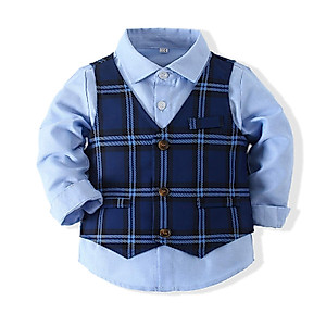 Kimocat Boys 3Pcs Clothing Sets Elegant Long Sleeve Shirts + Vest with Flower+Pants Party Suit (Blue 2, 12-18 Months)