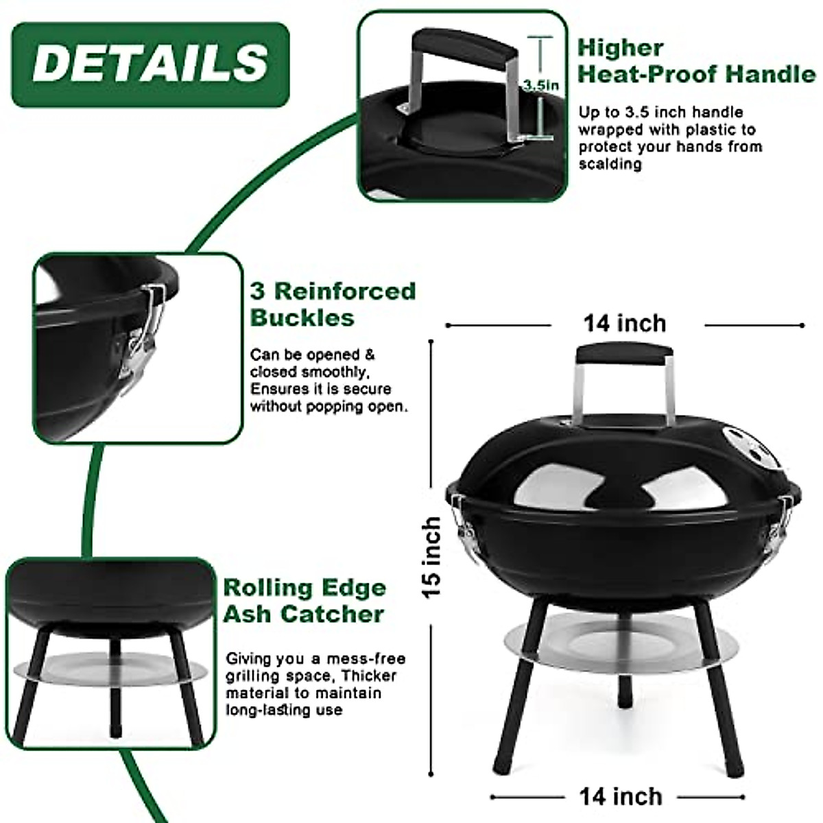 Joyfair Charcoal Grill with 2 Grilling Racks, 14in Small Portable BBQ Grill with Lid for Outdoor Camping/Patio/Backyard Barbecue/Tabletop Cooking, Enamel Coated & Dual Vent System, Black