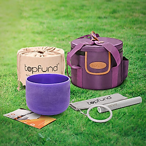 TOPFUND 432 Hz Violet A# Note Crystal Singing Bowl 8 inch Pineal Chakra with Heavy Duty Carrying Case and Suede Mallet