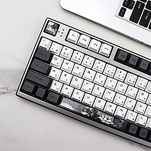 JSJT Ink Lotus Keycaps OEM Profile Japanese Keycaps 140 Keys PBT Dye Sublimation Custom Keycaps Suitable for GK61/64/68/84/87/96/980/104/108 Cherry MX Switch ANSI/ISO Layout Mechanical Keyboards