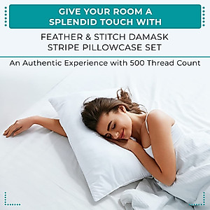 Feather & Stitch 100% Cotton 1 Piece Damask Stripe Queen Fitted Sheet 500 Thread Count White- Sateen Weave with 2 Extra Pillow Cases