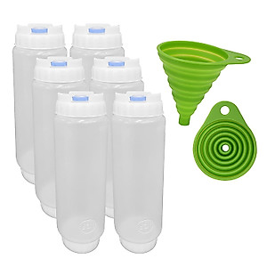 FIFO Squeeze Bottle Refillable (6 Pack) Blue Dispenser for Thick Condiments, Tartar Sauces, Rellish and Dressing with Flexible Funnel (Blue)