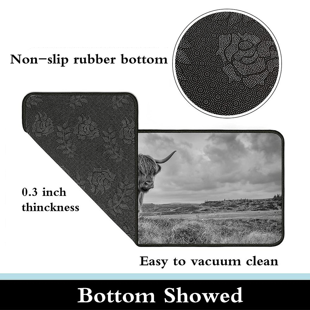 MoBlinko Highland Cow Kitchen Rugs Scotland Cattle Non Skid Bath Mat 39x 20 Inch Washable Standing Floor Mat Runner Carpet for Bathroom Home Office Farmhouse Laundry