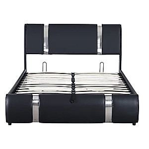 Full Size Upholstered Platform Bed, Modern Platform Bed with Faux Leather Headboard and a Hydraulic Storage System, No Box Spring Needed (Black)