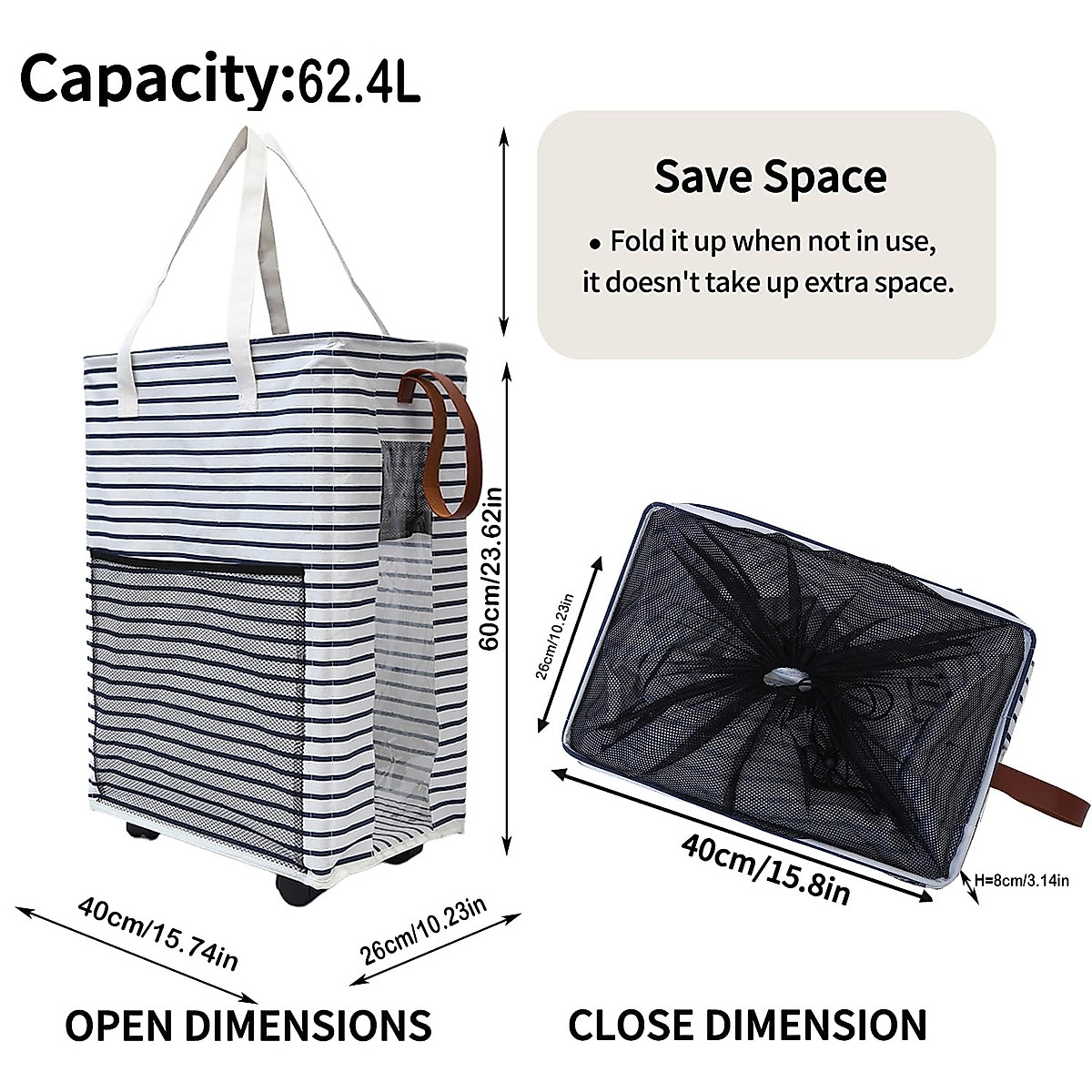 HiCharmcci Laundry Hamper, Wheeled Collapsible Clothes Hampers for Laundry, Large 82L, Dark Blue Strips, Sturdy Oxford Fabric, Mesh Closure, Portable Handle, Transparent Window