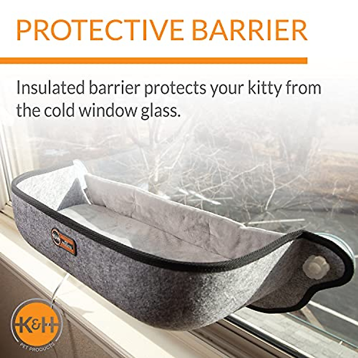 K&H PET PRODUCTS EZ Mount Thermo-Kitty Sill Heated Window Cat Bed, Heated Cat Hammock for Large Cats Extra-Deep Cat Perch Gray 27" X 10" X 11"