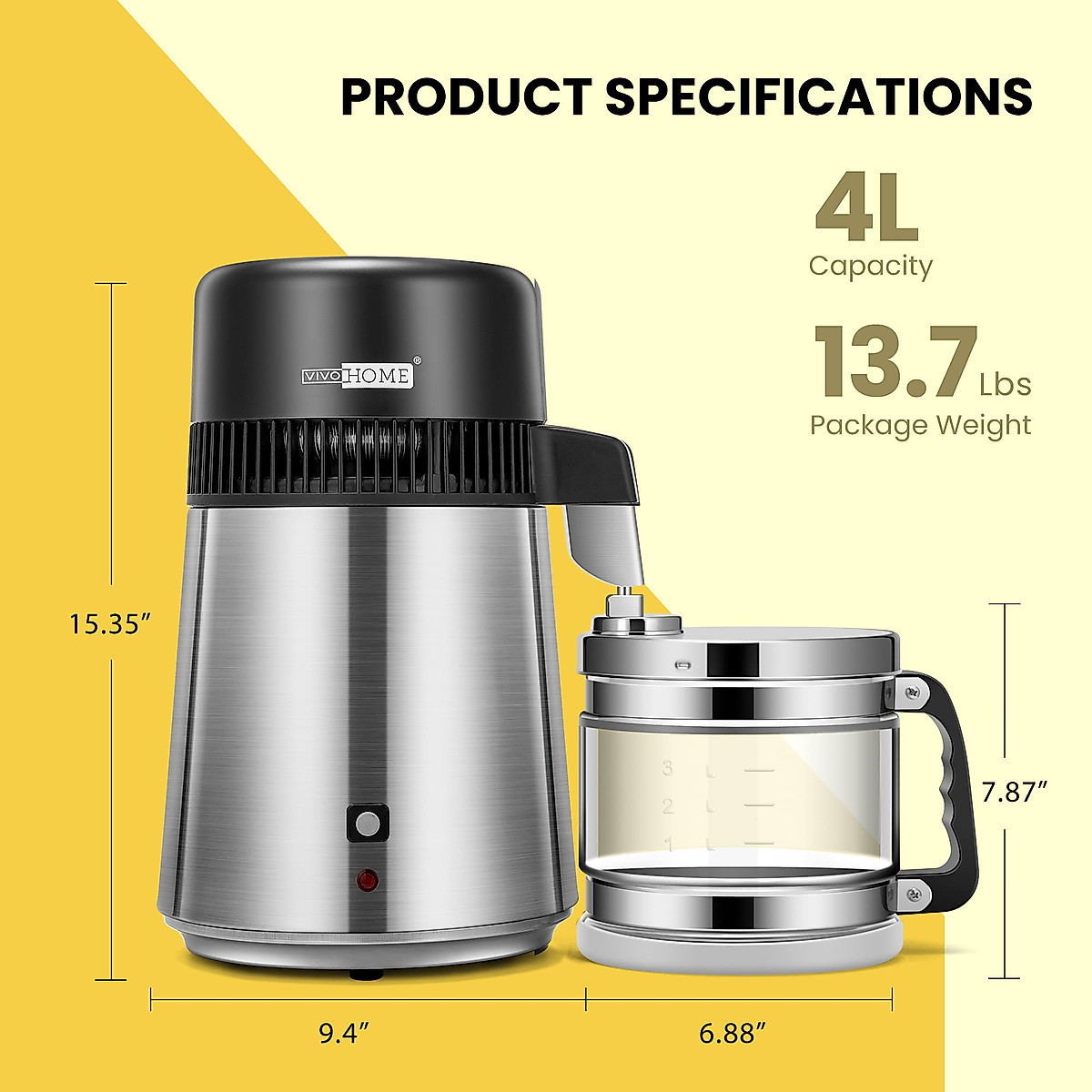 VIVOHOME Water Distiller Countertop 1.1 Gallon/4L Brushed 304 Stainless Steel Distilled Water Machine with an Extra Smart Switch Purifier Filter for Home Office