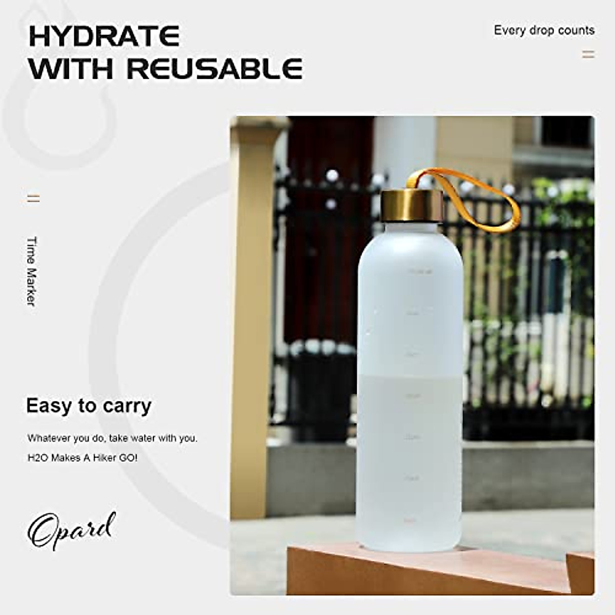Opard 27oz Water Bottles with Times to Drink - Reusable Motivational Water Bottle with Time Marker and Strap - BPA Free Frosted Plastic - Gym, Sports, Travel (800ml)