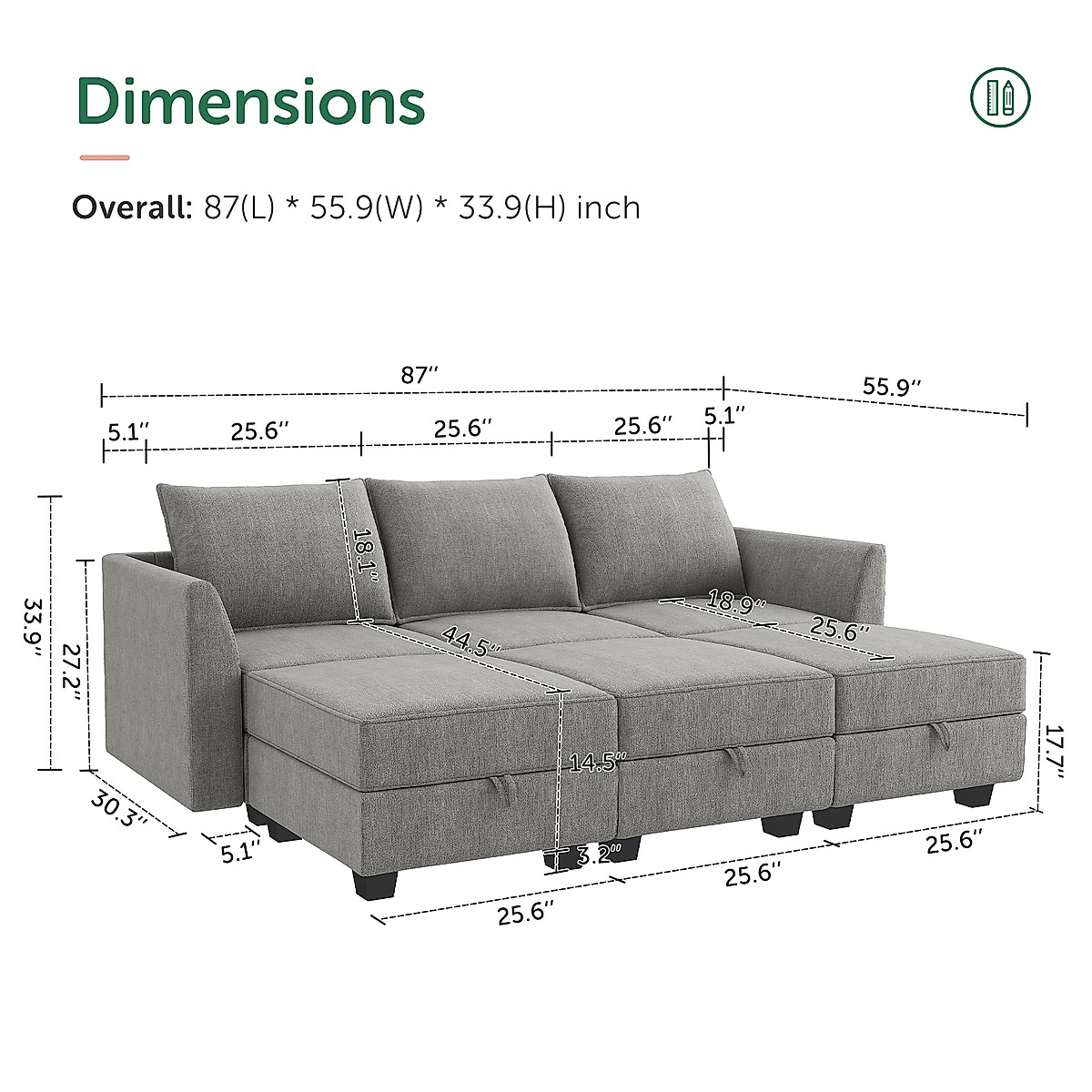 HONBAY Modular Sectional Sleeper Sofa with Storage 6 Piece Modular Sectional Couch Reversible Sleeper Sectional Couch for Living Room, Grey