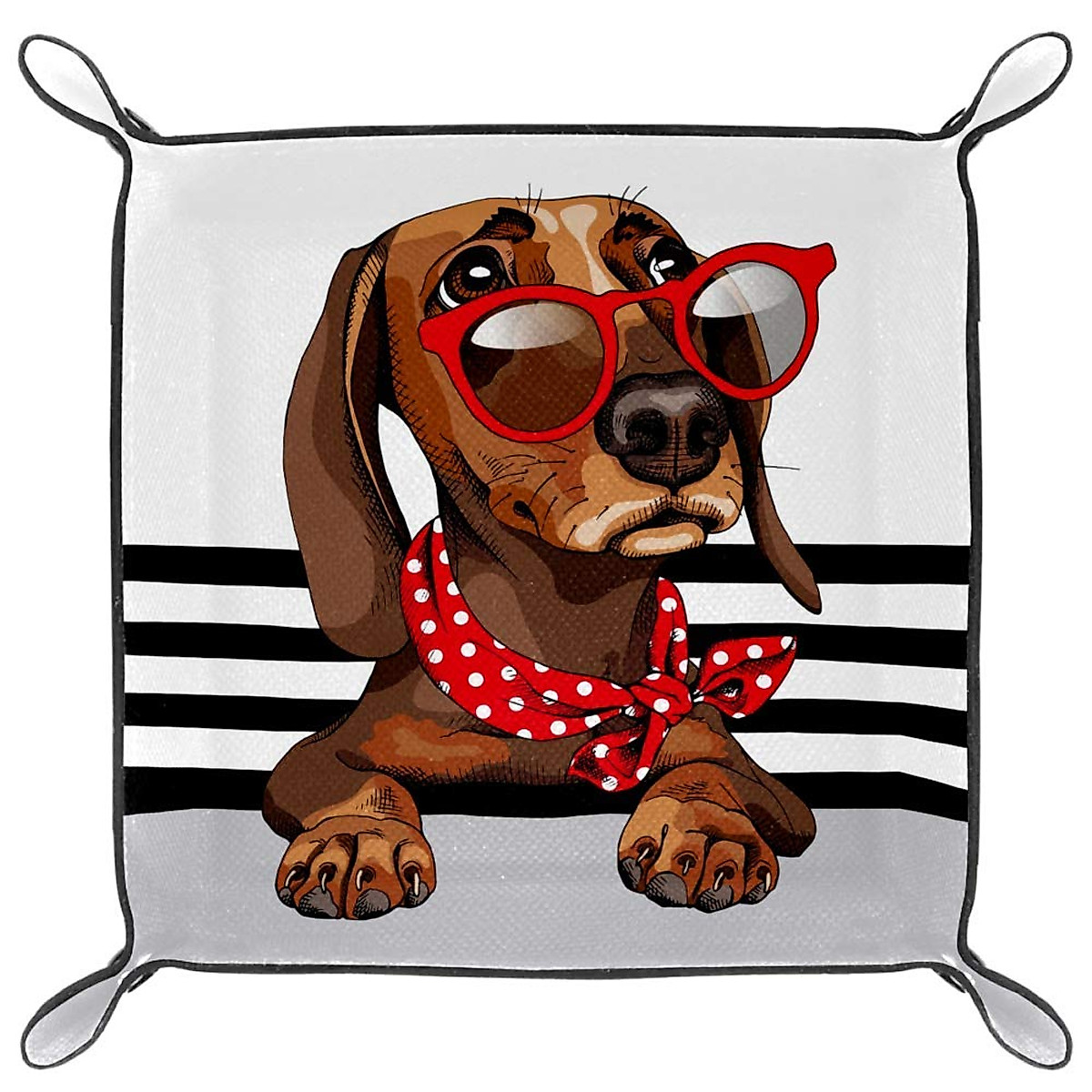 Dachshund Dog in Sunglasses Polka Dots Neck Scarf Stripes Leather Tray Dice Box Bedside Tray Key Watches and Candy Holder Sundries Entryway Tray,20.5x20.5cm