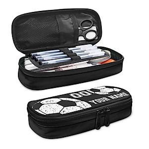 TSOVTHRID Soccer Football Print Personalized Pencil Case Custom Name Number Black Pen Bags Zipper Pencil Holders Unique Gifts for Children Boys