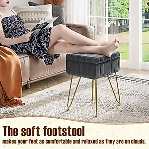 Greenstell Vanity Stool Chair Faux Fur with Storage,15.7"L x 11.8"W x 19.4"H Soft Ottoman 4 Metal Legs with Anti-Slip Feet, Furry Padded Seat, Modern Multifunctional Chairs for Makeup, Bedroom Grey