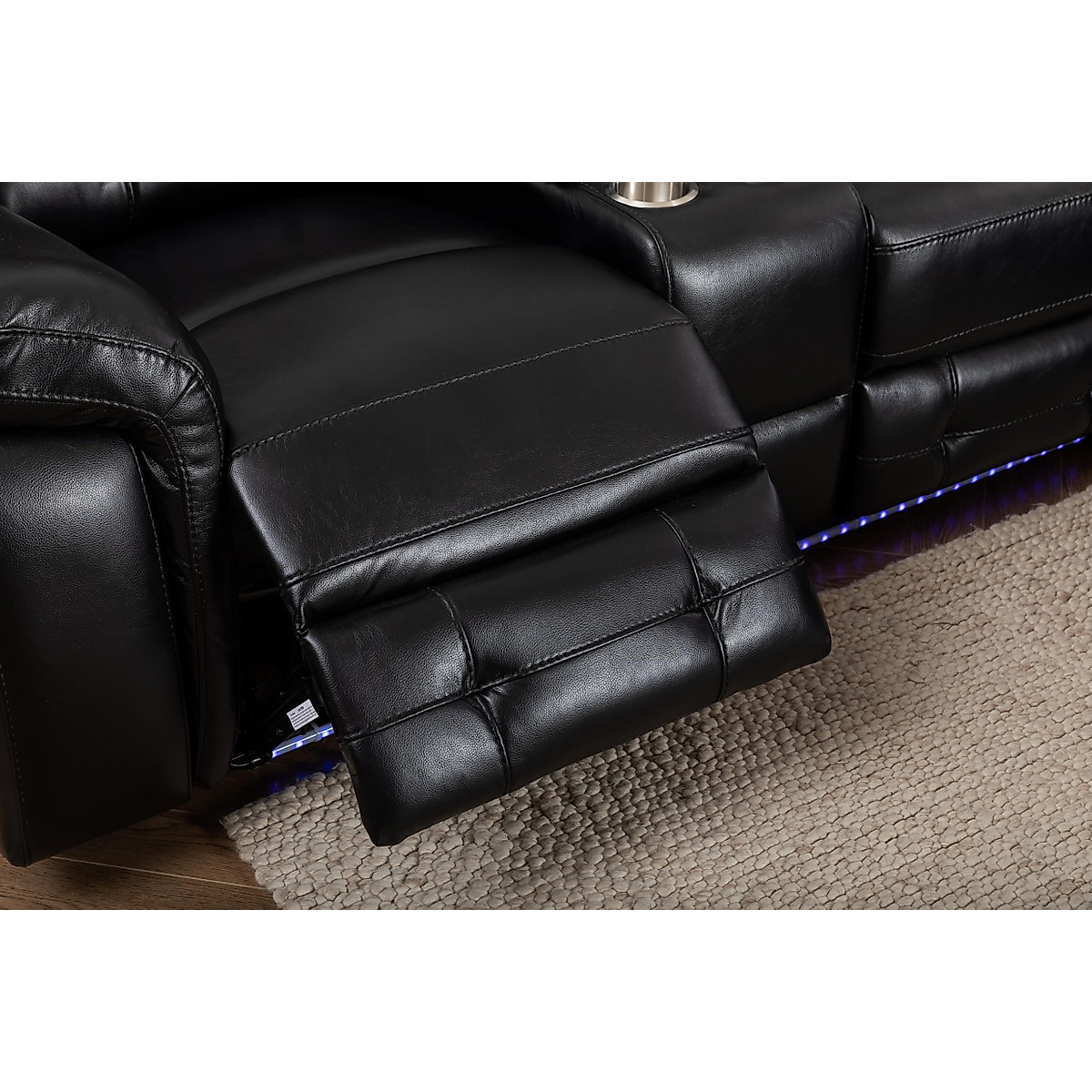 Kingway Power Recliner Chair Sectional Couches with LED Light for Living Room, Electric Faux Leather Reclining Sectional Couch Sets with Storage Console for Home, Black