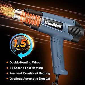 ROMECH Heat Gun 1500W Variable Temperature Control with 2 Air Volume Setting Heavy Duty Hot Air Gun Kit 120°F~1200°F (50°C~650°C) with 4 Nozzles for Crafts Shrink Wrap (Blue)