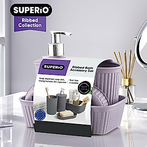 Superio Ribbed Collection - Decorative Plastic Bathroom Accessories Set, Lilac Purple (Set of 4) Soap Dish, Liquid Dispenser, Toothbrush Holder Cup, Vanity Organizer Tray - Bathroom Decor Gift