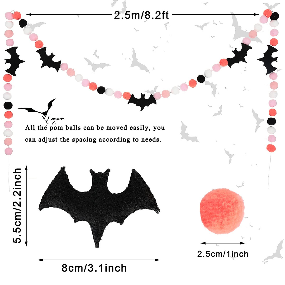 Whaline 8.2Ft Halloween Banner Felt Bats Balls Banner Black White Pink Decorative Pom Pom Banner Halloween Party Pom Garland for Halloween Haunted Houses Decoration Doorways Home Mantel Supplies