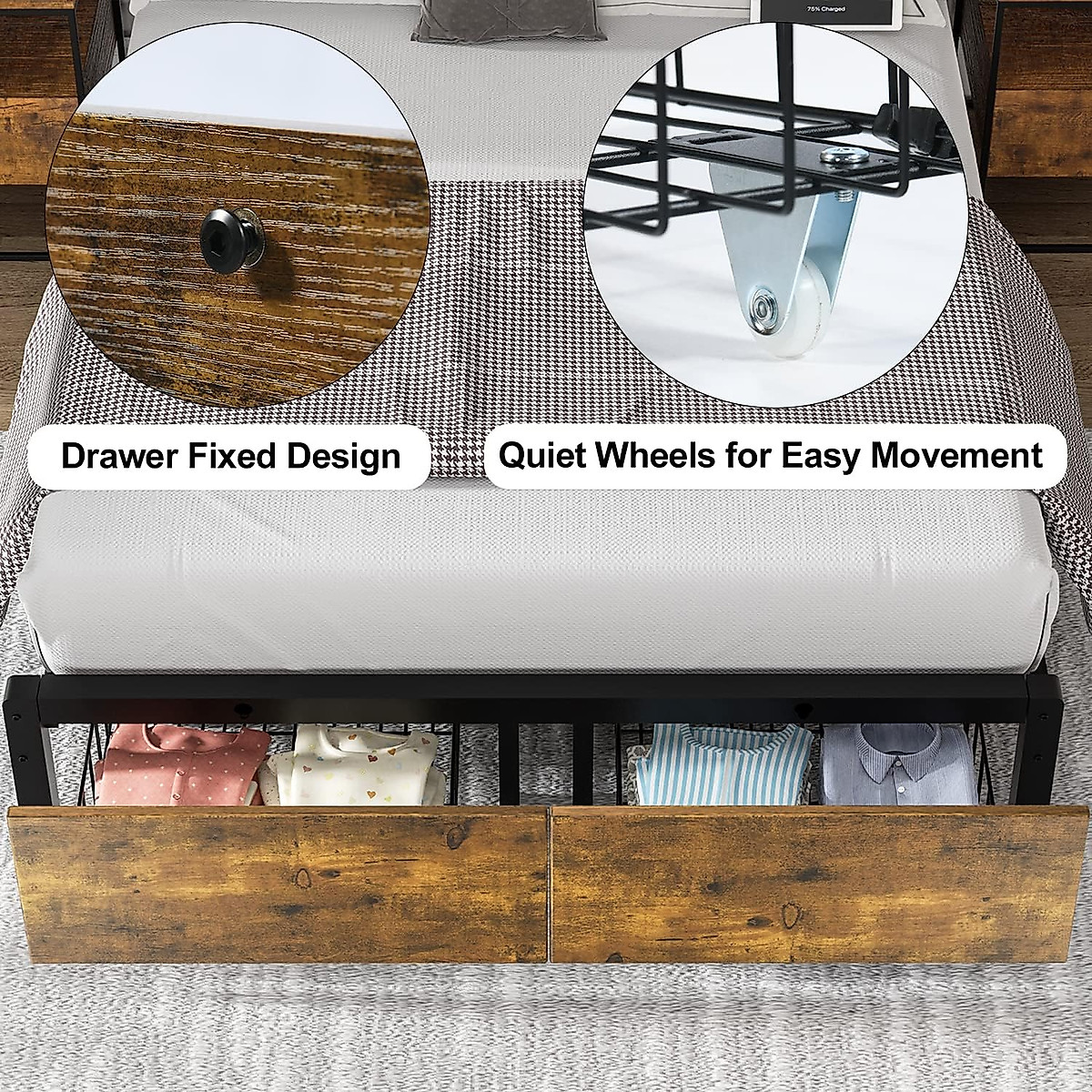 Catrimown Full Size Bed Frame with Charging Station and Storage Headboard, Platform Bed Frame Full Size with Storage Drawers, No Box Spring Needed/Strong Slat Support/Easy Assembly, Rustic Brown