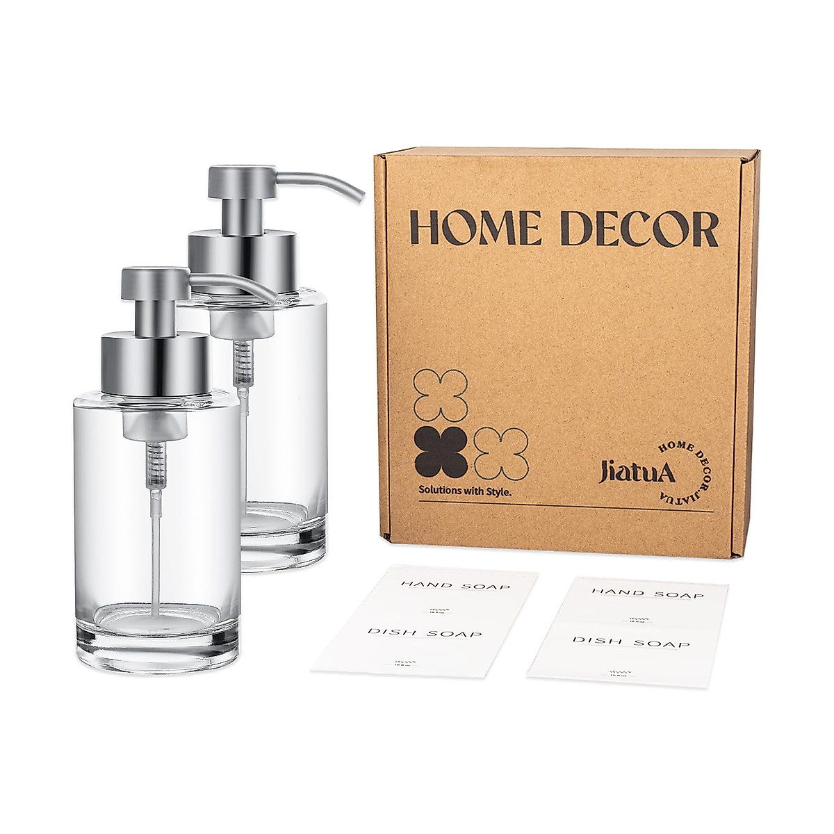 Foaming Soap Dispenser Set, 12 Oz Glass Hand Soap Dispenser with 304 Rust Proof Stainless Steel Pump, Waterproof Labels, for Bathroom Decor Kitchen College Dorm, Clear Silver Pump 2 Pack