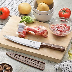 OLULU 8 inch Chef Knife, Razor Sharp Kitchen Knife with Protective Knife Sheath, Razor Sharp Slicing Knife with Ergonomic Handle, German Stainless Steel, Dishwasher Safe (Brown Color)