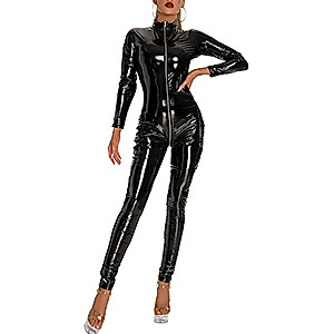 FEOYA Women’s Leather Body Suit Sexy Zipper Patent Lingerie Teddies Party Club Baby Dolls Bodysuit Wetlook Latex Liquid Jumpsuit Clubwear