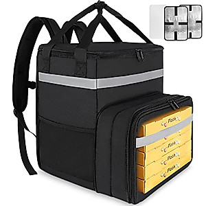 Food Delivery Backpack, Expandable Insulated Hot Pizza Bags for Delivery Bike, Large Leakproof Waterproof Delivery Bag with 4 Mesh Pockets Reflective Strip for Uber Eat, Camping & Beach, Black