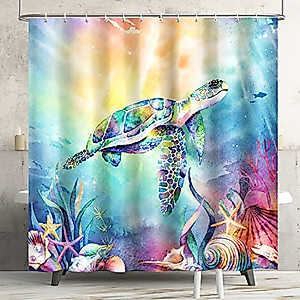 Blue Shower Curtain, Teal Sea Turtle Shower Curtains for Bathroom, Waterproof Quick-Dry Polyester Fabric Shower Curtain, Beach Nautical Shower Curtain Ocean Bathroom Decor with 12 Hooks, 72''x 72''