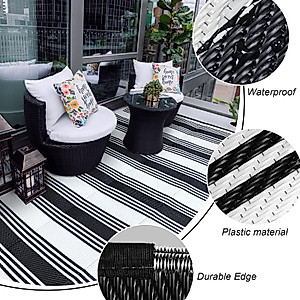 Pcinfuns Plastic Straw Rug,Patio Rugs RV Camping Rug Reversible Mat,6'x9' Reversible Mats Large Floor Mat and Rug for Outdoor,Black & White Thin Stripe