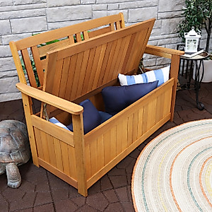 Sunnydaze 51-Inch Meranti Wood Outdoor Storage Bench with Teak Oil Finish