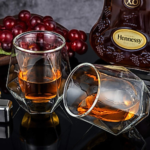 YouYah Whiskey Glasses Set of 2 - Double Walled Crystal Whisky Glasses with 4 Stainless Steel Ice Cubes & Tong,Rocks Glass,Gifts for Men,Lowball Bar Glass for Brandy,Cocktail,Vodka,Bourbon(6.7oz)