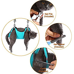 RHD Multi-Function Detachable Pet Grooming Hammock Harness & Vest Harness, 4.6ft Nylon Pet Leash, Pet Grooming Supplies Kit with Nail Clippers, Nail File, Pet Comb - Soft,Mesh,Reflective Thread,Cyan,S