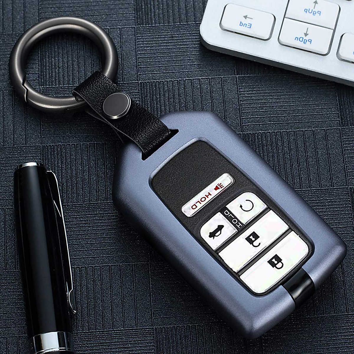 ontto for Honda Key Fob Cover Case Jacket Stylish Key Holder Sleek Metal Shell with Leather Keychain Compatible with Honda Accord Civic CR-V CRV Black