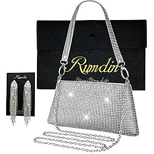 Rumdin Evening Bag Clutch Purses for Women Rhinestone Crossbody Purse Top Silver Mesh Bag for Girls Parties Gift Earrings