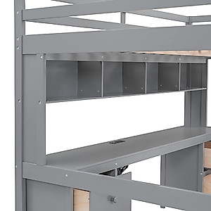 KTATK Full Size Loft Bed with Desk and Cabinets,Multifunctional Storage Solid Wood Bed Frame w/Drawers,Bedside Tray,Charging Station,Integrated Ladder,for Bedroom,Apartment,Grey