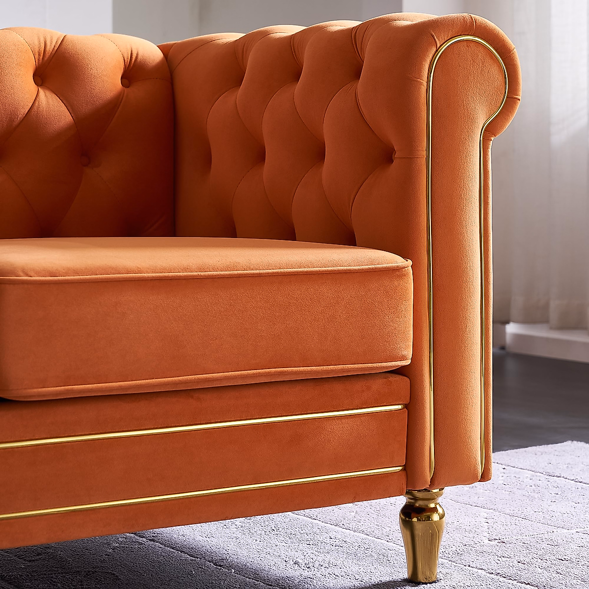 Homtique 84" Modern Sofa Couch for Living Room, 3 Seater Couch Comfy Velvet Sofa Button Tufted Rolled Arms and Gold Legs, Chesterfield Sofa for Home Studio/Office, Bedroom, Orange
