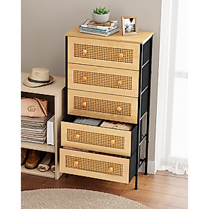 Crestlive Products Rattan Dresser Storage Tower, Tall Fabric Dresser, Chests of Drawers, Wood Top &Wood Handles - Organizer Unit for Bedroom, Hallway, Entryway, Closets - 5 Drawers (Natural)