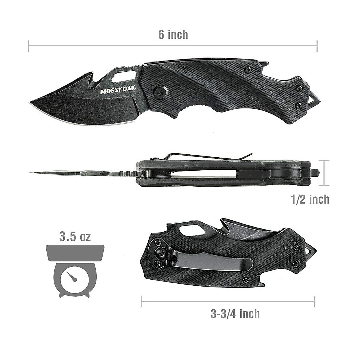 MOSSY OAK Mini Folding Pocket Knife, 2.5-inch Stainless Steel Drop Point Blade - G10 Handle EDC Multifunction Tool with Bottle Opener and Glass Breaker (Black), Good Merry Christmas Gift