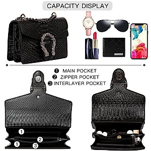 GLOD JORLEE Trendy Chain Crossbody Bags for Women - Luxury Snake-Printed Leather Shoulder Satchel Bag Evening Clutch Purse Handbags (Black, Size:XS)