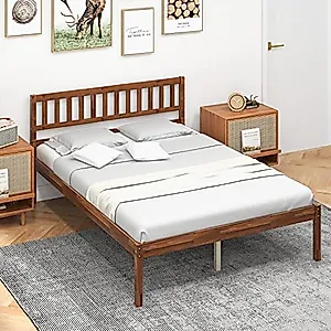 Giantex Wood Full Bed Frame with Headboard, Mid Century Platform Bed with Wood Slat Support, Solid Wood Foundation, 12 Inch Height for Under Bed Storage, Easy Assemble, Walnut