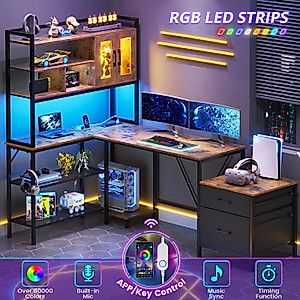 UPOSOJA L Shaped Computer Desk, 69.7in Gaming Desk with Hutch, Home Office Desk with Power Outlet, Bookshelf Led Strip File Cabinet Printer Rack (Brown, 1 Hutch)