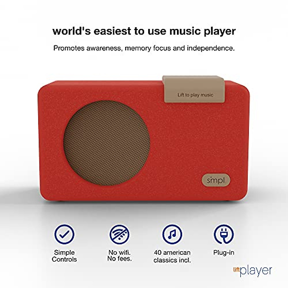 SMPL One-Touch Music Player, Audiobooks + MP3, Quality-Sound, Durable Wooden Encloser with Retro Look, 4GB USB with 40 Nostalgic Hits Included, Live Technical Support (Red, Music Player)