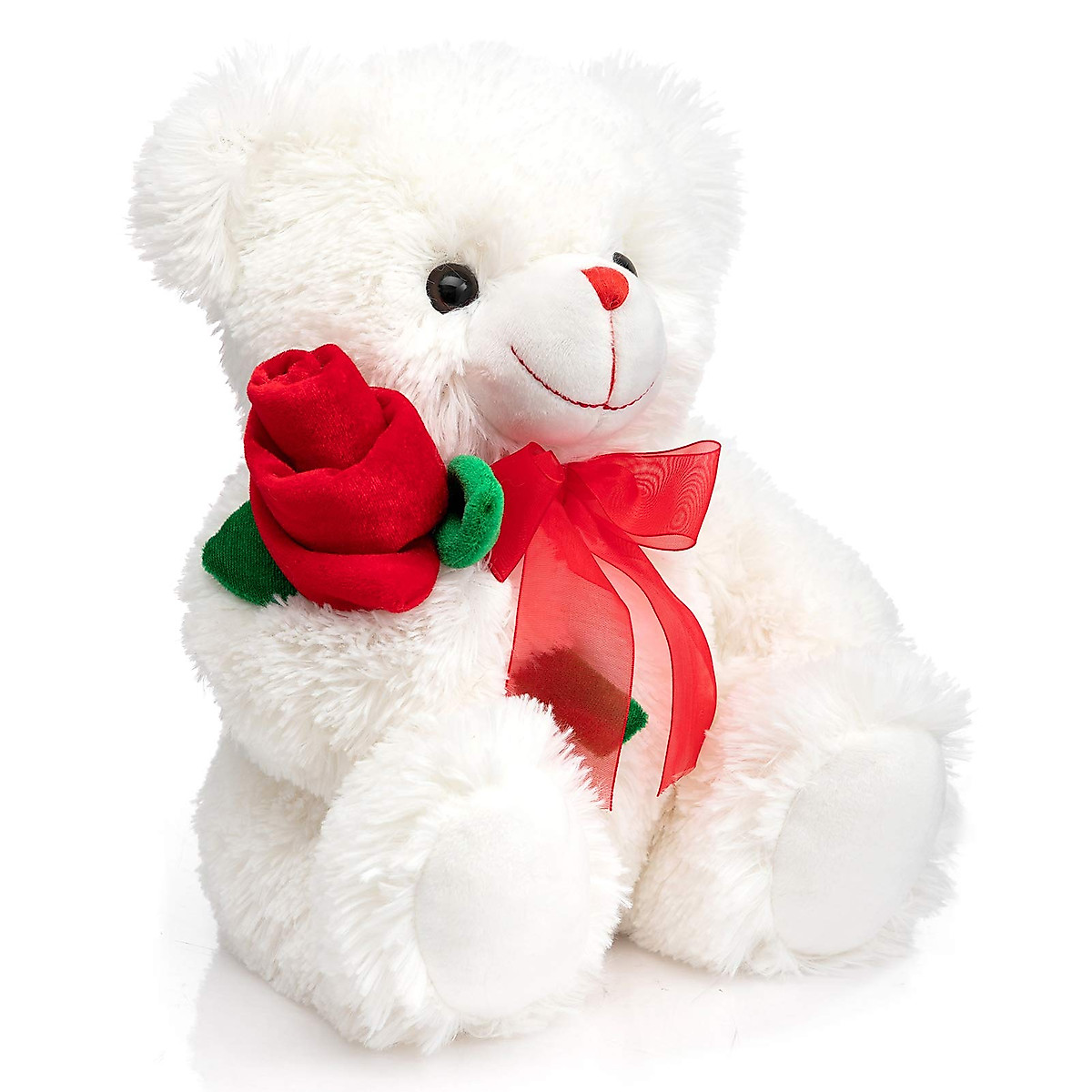 HollyHOME Teddy Bear Stuffed Animal Rose Bear with Red Bow Soft Plush Toy Holiday Valentine's Day Gift 12 Inches White