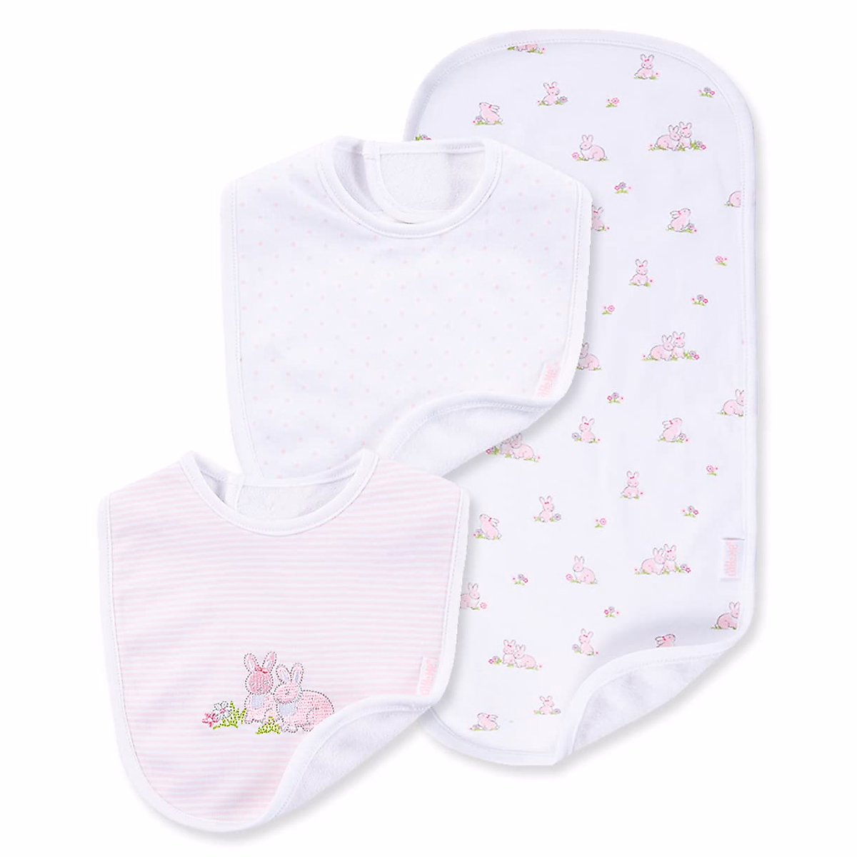 Little Me Baby Girls' 3 Piece Bib and Burp Set, Bunnies, Pink/Multi, One Size