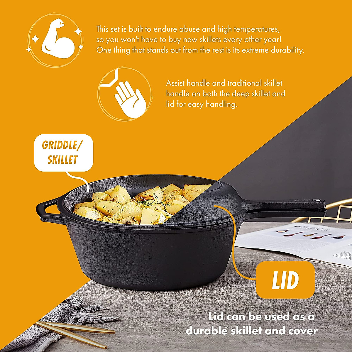 Bruntmor 2-in-1 Pre-seasoned Cast Iron Dutch Oven and Skillet Set -5 Quart Black Cookware with Handles - Dutch Oven with Lid - Enameled Cast Iron Cookware for Braising, Frying, Camping, and Indoor Use