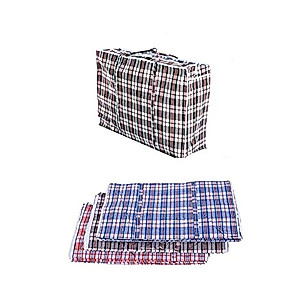 YUDONG A Set of 4 Extra-Large Plastic Checkered Storage Laundry Shopping Bags with Zippers and Handles, Size 23X23X5 Inches, Color Changes Between Blue, Red and Black